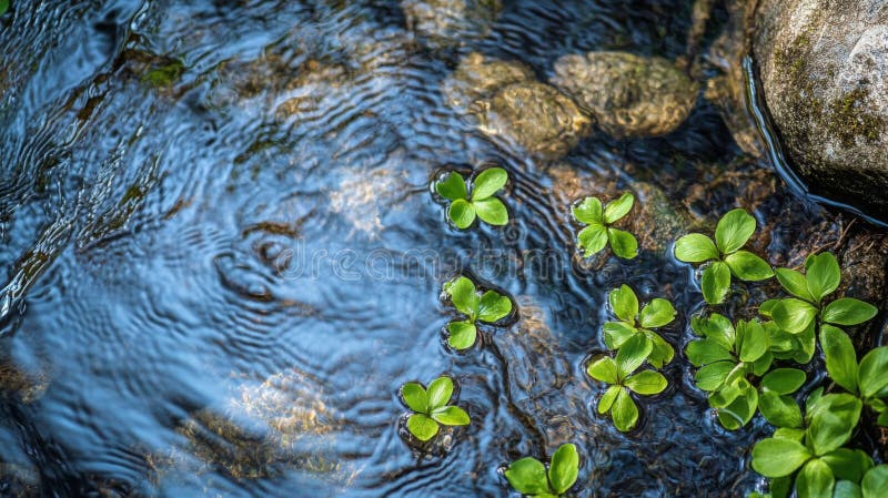 Clear Stream Water Flowing Over Rocks with Green Plants Stock ...