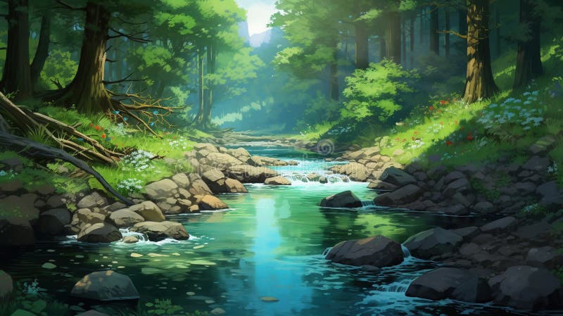 A Clear Stream Winds Its Way through a Lush Green Forest. Seamless ...