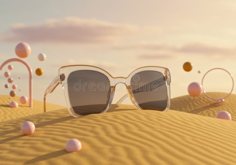 Clear Sunglasses on Sand Dune with Pastel Spheres Stock Illustration - Illustration of pastel ...