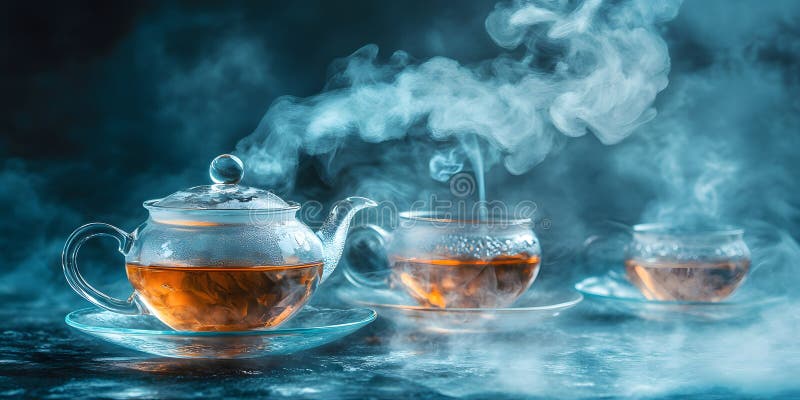 A Clear Teapot and Two Tea Cups Filled with Tea Surrounded by Steam on ...