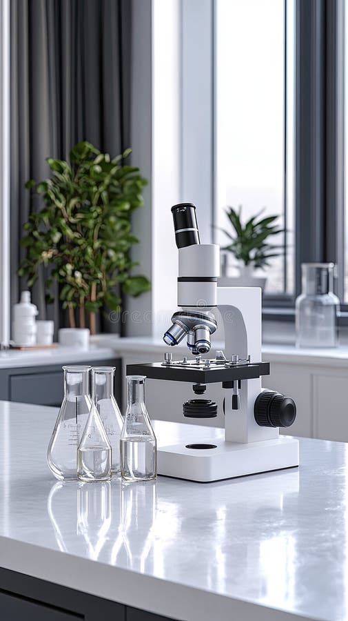 Clear Test Tubes Filled with Vibrant Liquids Sit beside a Microscope in ...