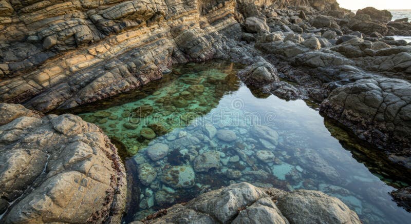 Clear Tide Pool Amidst Dark and Light Rocks Stock Illustration ...