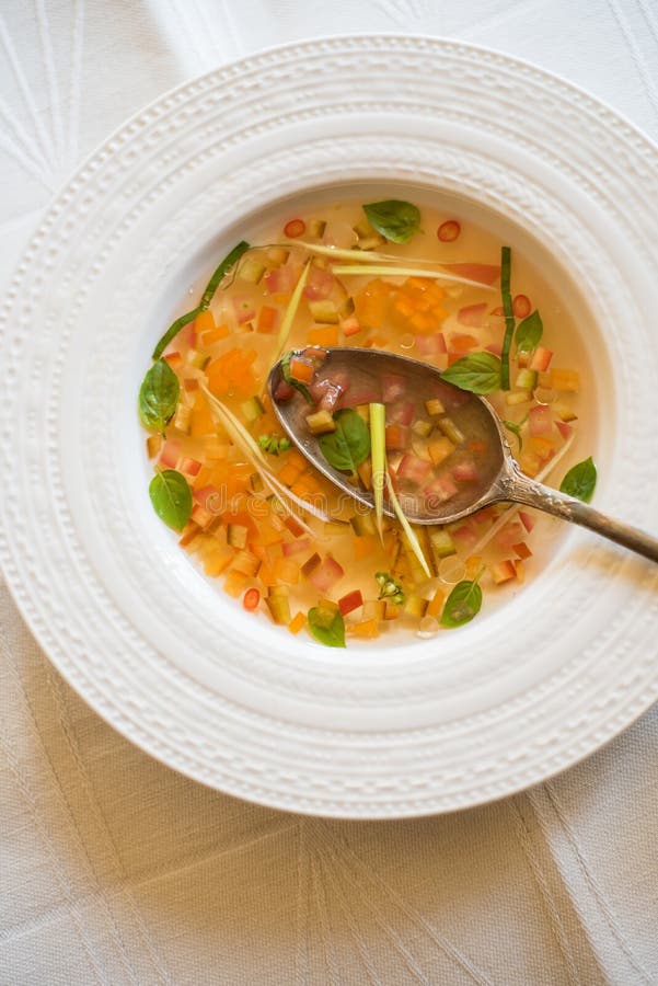 Clear Tomato Soup with Chopped Vegetables Stock Photo - Image of ...