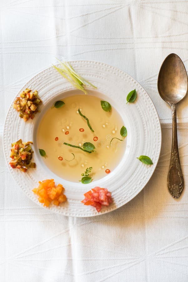 Clear Tomato Soup with Chopped Vegetables Stock Image - Image of ...