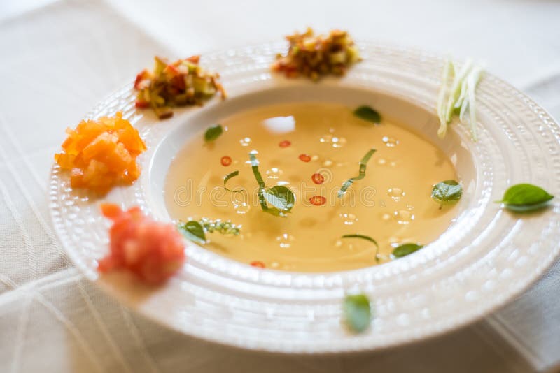 Clear Tomato Soup with Chopped Vegetables Stock Photo - Image of ...