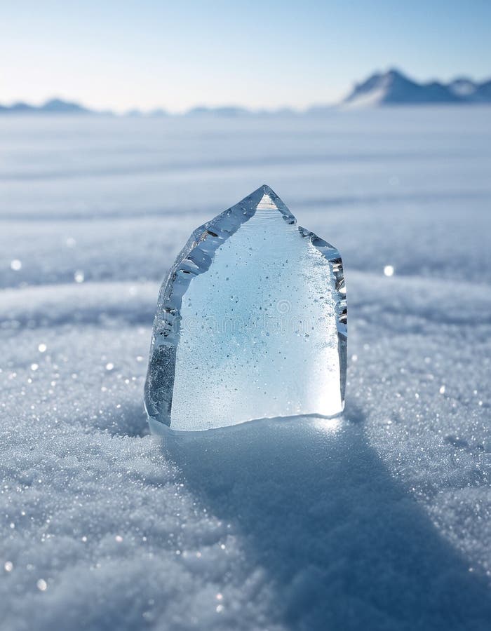 A Clear, Triangular-shaped Ice Block Rests on a Snowy Surface, Casting ...
