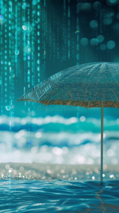 Clear Umbrella in Futuristic Beach Setting with Digital Code Rain Stock ...