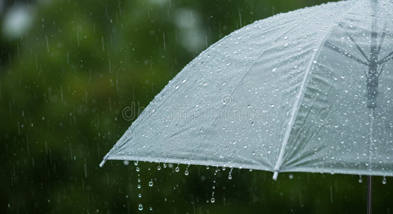 Clear Umbrella Protecting from Rainfall with Water Droplets and ...