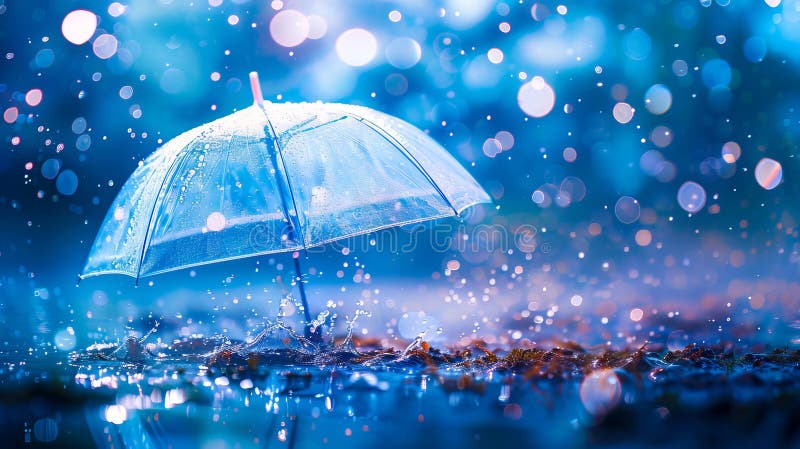 A Clear Umbrella is Standing in the Rain Stock Photo - Image of blue ...