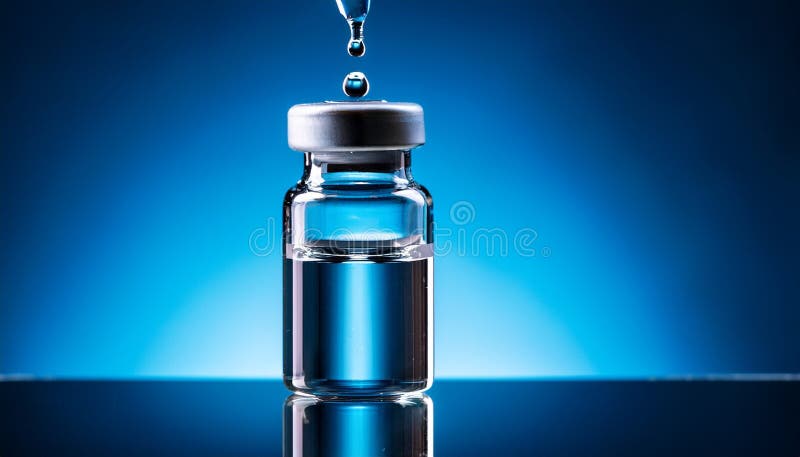 Clear Vial of Liquid with a Drop Falling Against a Blue Background ...