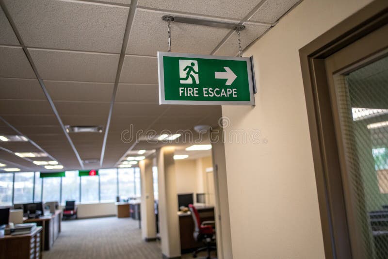 Green Fire Escape Sign on the Ceiling in the Office Stock Illustration ...