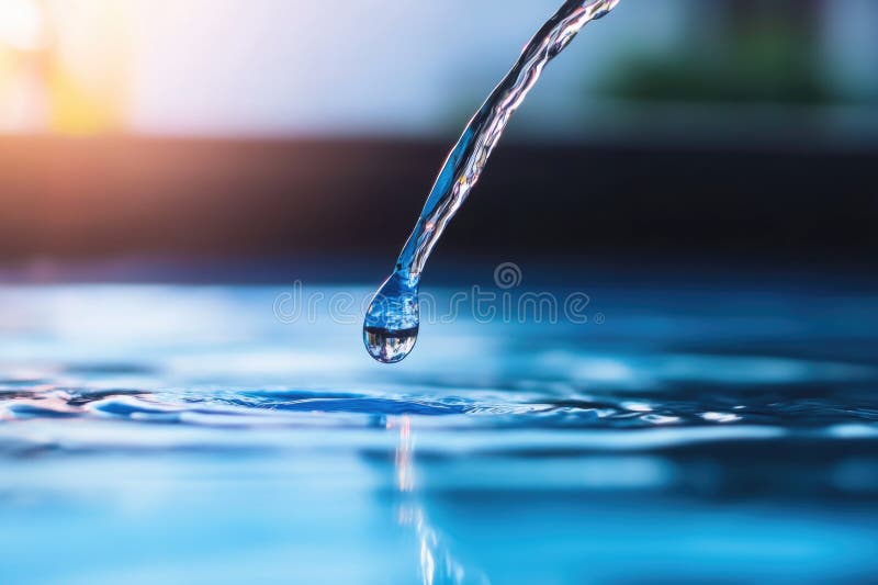 Clear Water Droplet Falling into Blue Pool with Ripple Effect at Sunset ...