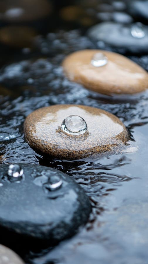 Clear Water Drops on Smooth Stones in a Flowing Stream, Natural Zen ...
