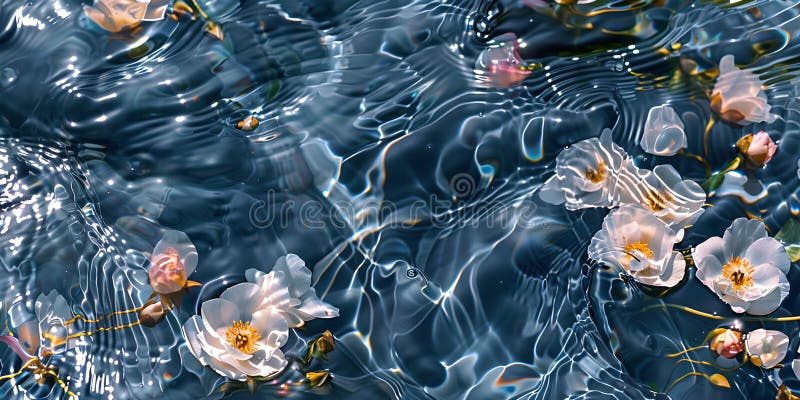Clear Water with Floating Flowers and Sun Refraction Texture. Detailed ...