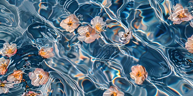 Clear Water with Floating Flowers and Sun Refraction Texture. Sunny ...