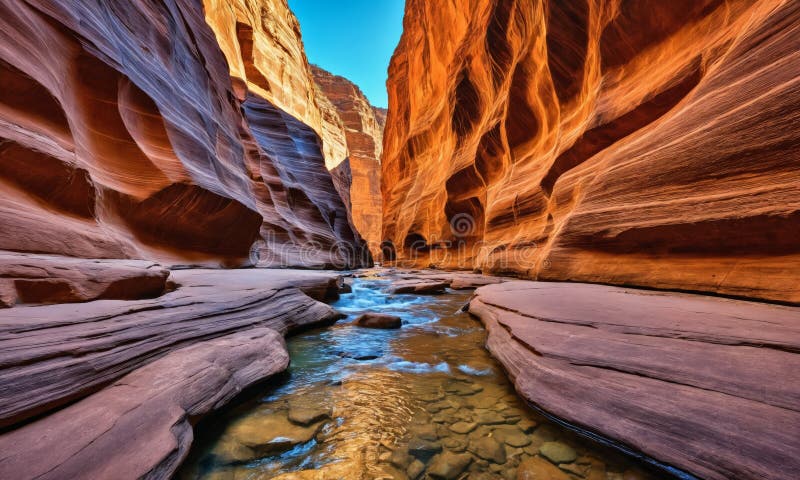 Clear Water Flows through a Canyon with Layered Sandstone Cliffs Stock ...