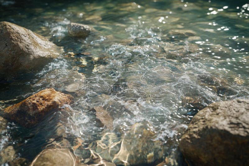 Clear Water Flows Over Rocks, Creating Reflections with Gentle Ripples ...