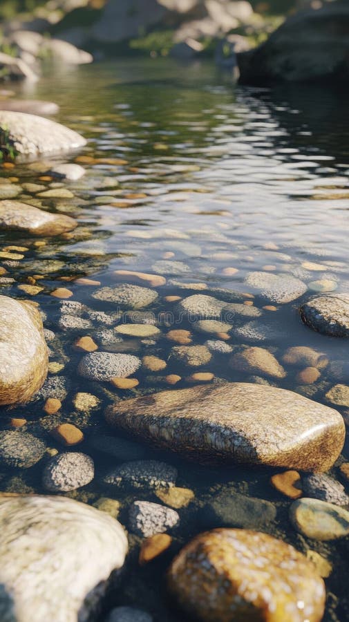 Clear Water Flows Over Smooth Rocks in a Shallow Stream, Nature S ...