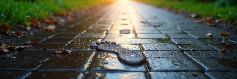 Clear Wet Footprints on a Paved Path after Rain, Walkway, City, Surface ...