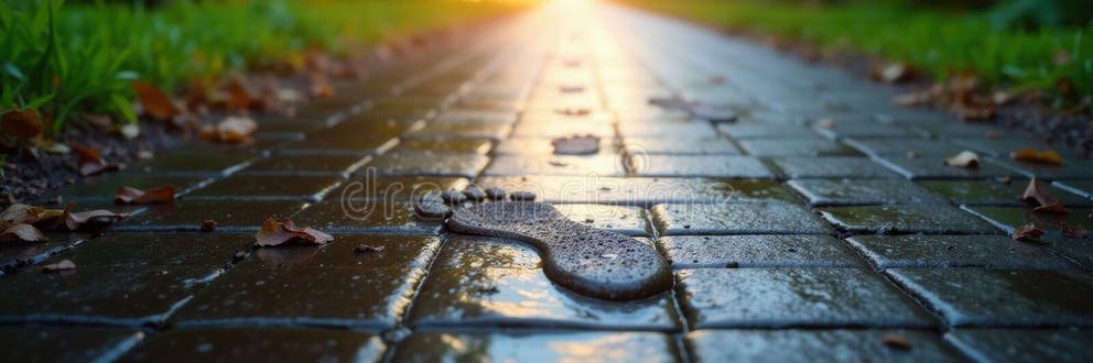 Clear Wet Footprints on a Paved Path after Rain, Walkway, City, Surface ...