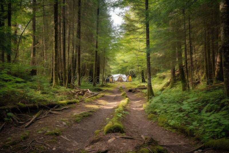 Cleared Path through the Forest Leads To Secluded Campsite Stock ...