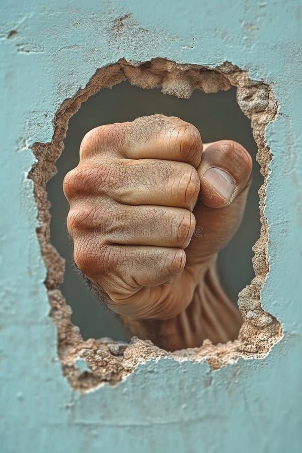Clenched Fist Breaking through Blue Wall, Symbolizing Strength, Power ...