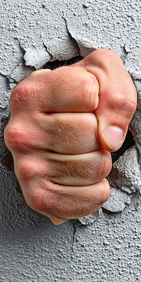 Clenched Fist Breaking through Gray Wall, Symbolizing Strength ...