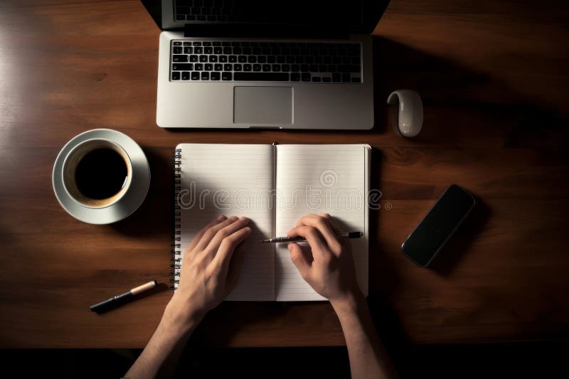 A Clerk Writing on a Notebook Next To a Laptop Stock Illustration ...