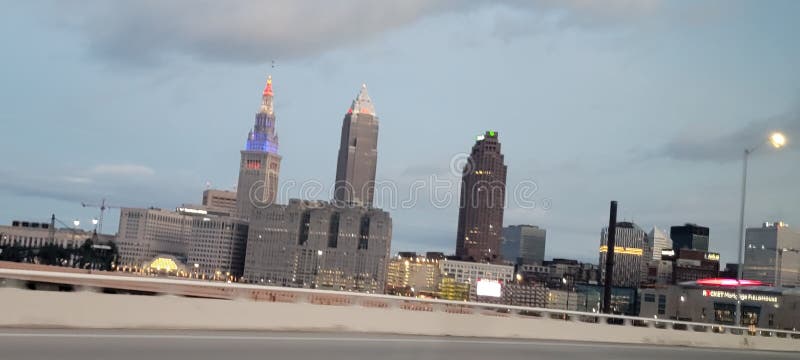Cleveland skyline lights editorial stock photo. Image of vehicle ...