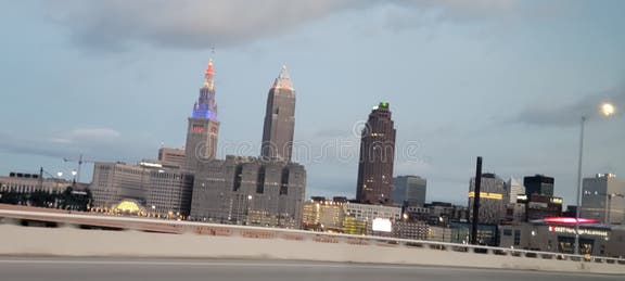 Cleveland skyline lights editorial stock photo. Image of vehicle ...