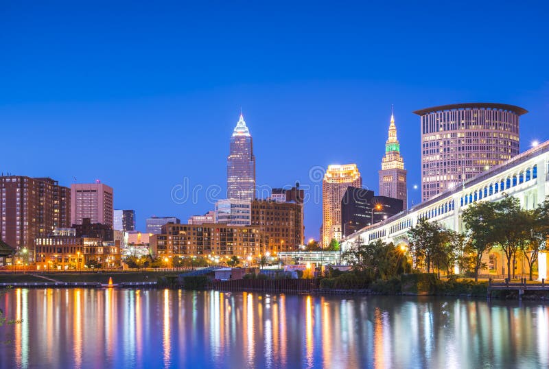 Cleveland Skyline with Reflection at Night,cleveland,ohio,usa Stock ...