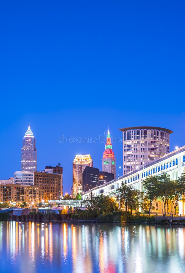 Cleveland Skyline with Reflection at Night,cleveland,ohio,usa Stock ...