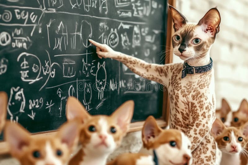 A Spotted Cat Teaching a Class of Attentive Kittens in a Playful ...