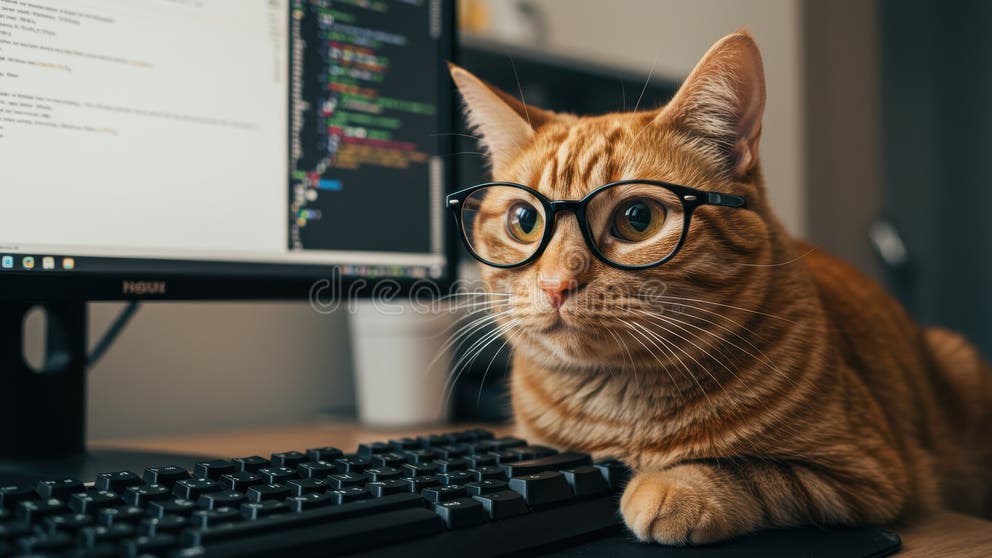 Clever Cat Coder stock illustration. Illustration of software - 371270003
