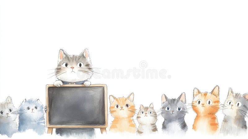 A Clever Cat Stands at the Front of a Whimsical Classroom, Surrounded ...