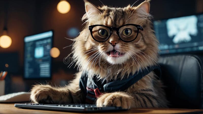 A Clever Cat Types Away at a Computer in a Cozy Office, Surrounded by Glowing Screens in the ...
