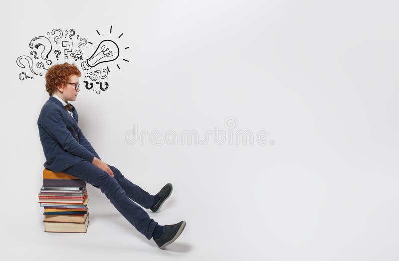 Clever Child Boy with Light Bulb and Question Marks on White Background ...