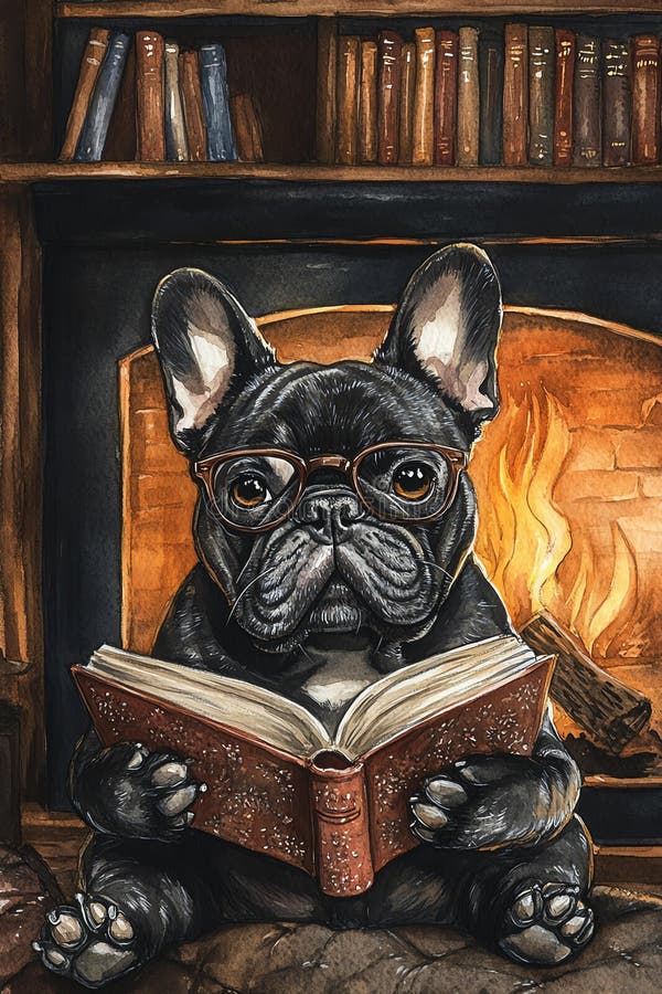Dog Reading Fireplace Cozy Library Setting Stock Photos - Free ...