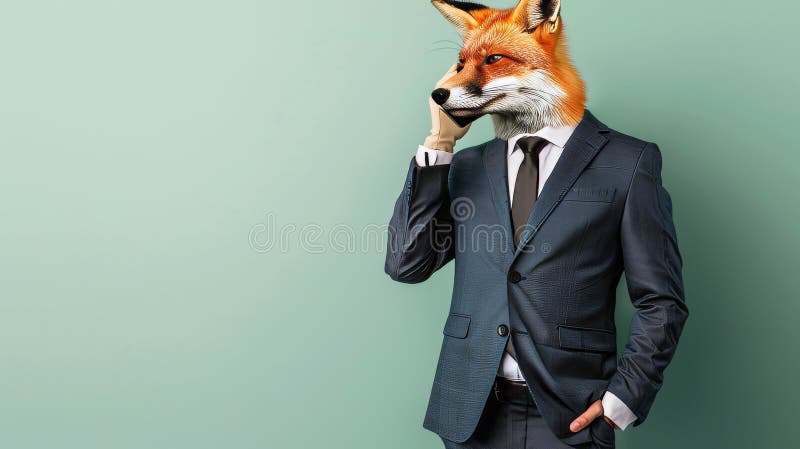 Clever Fox Businessman in Suit Talking on Smartphone Against Green ...