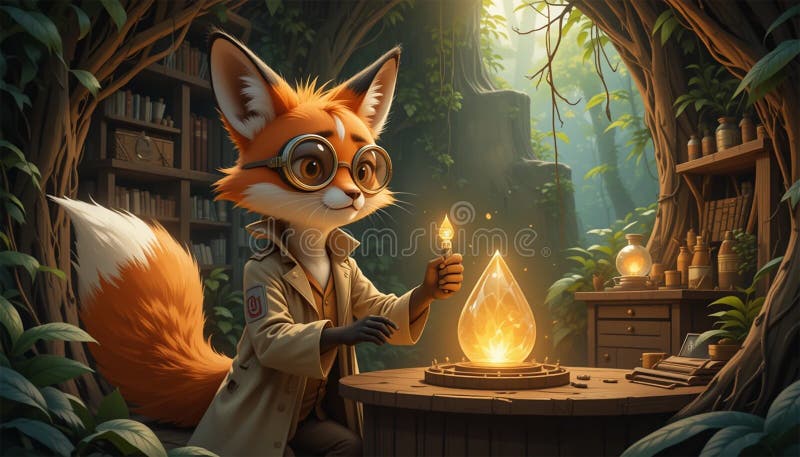 Clever Fox Scientist, Modifying a Glowing Energy Source Deep in His ...