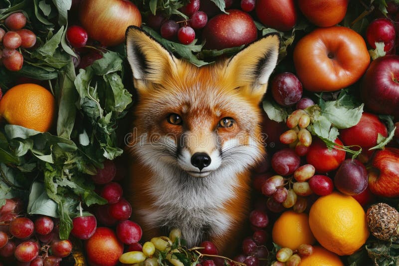 A Clever Fox Surrounded by Various Fruits and Vegetables Stock Photo ...