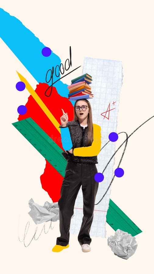 Clever Girl Balancing Stack of Books on Head, Raising Hand with ...