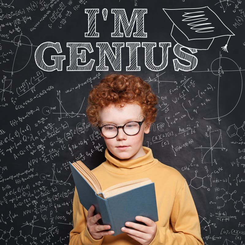 Clever Little Boy Genius on Blackboard Background Portrait Stock Image ...