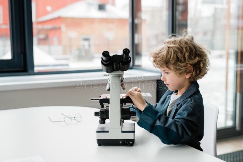 Clever Little Scientist Putting Chemical Sample in Microscope in ...