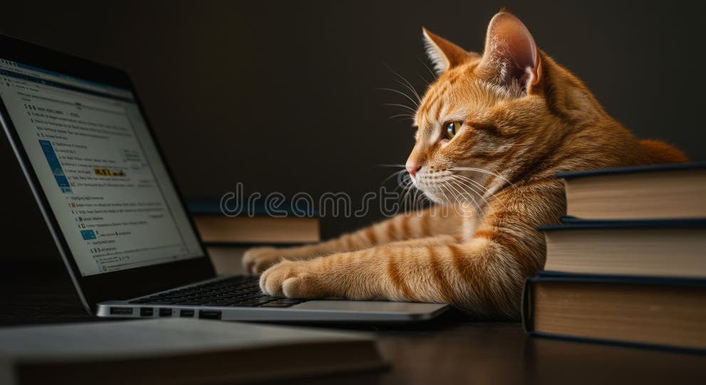 Clever Orange Cat Typing on Laptop Surrounded by Books, Focused and ...
