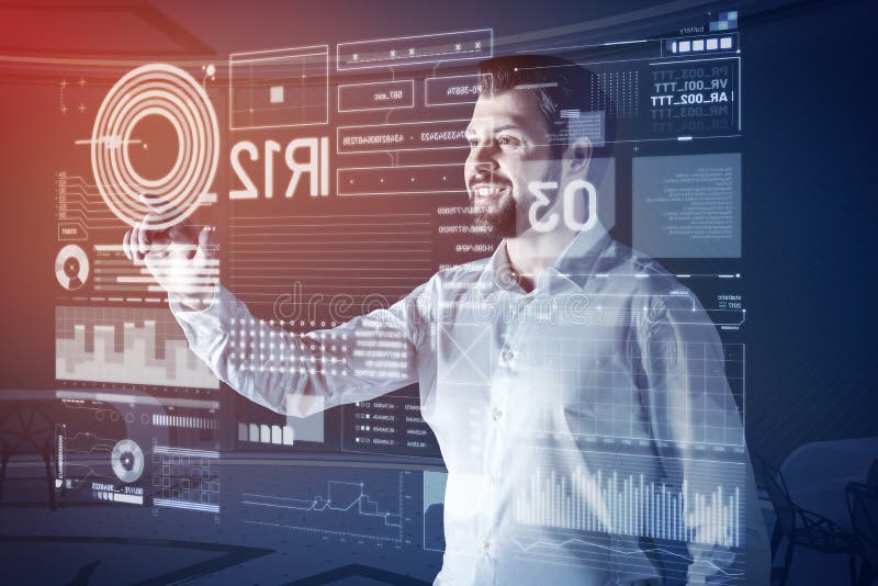 Professional Programmer Touching the Transparent Screen and Smiling ... Professional Programmer Touching the Transparent Screen and Smiling ...