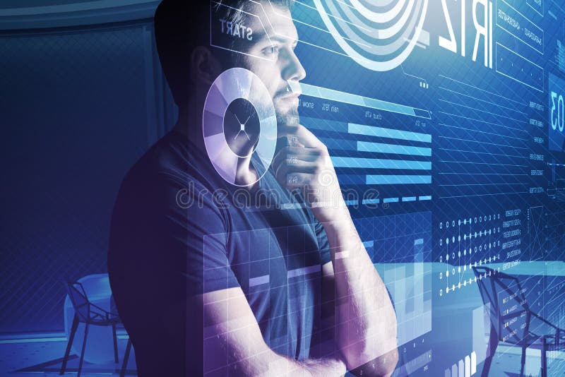 Clever Programmer Thoughtfully Looking at the Screen and Touching His ...