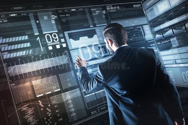 Clever Programmer Touching the Screen while Checking the New Data Stock ...