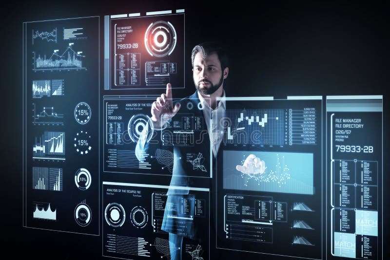 Clever Programmer Touching the Screen while Working Alone Stock Photo - Image of careful ...