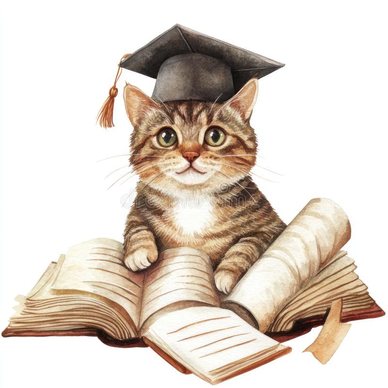 Clever Tabby Cat with Graduation Cap, Surrounded by Open Books and Rolled Certificate, Playful ...